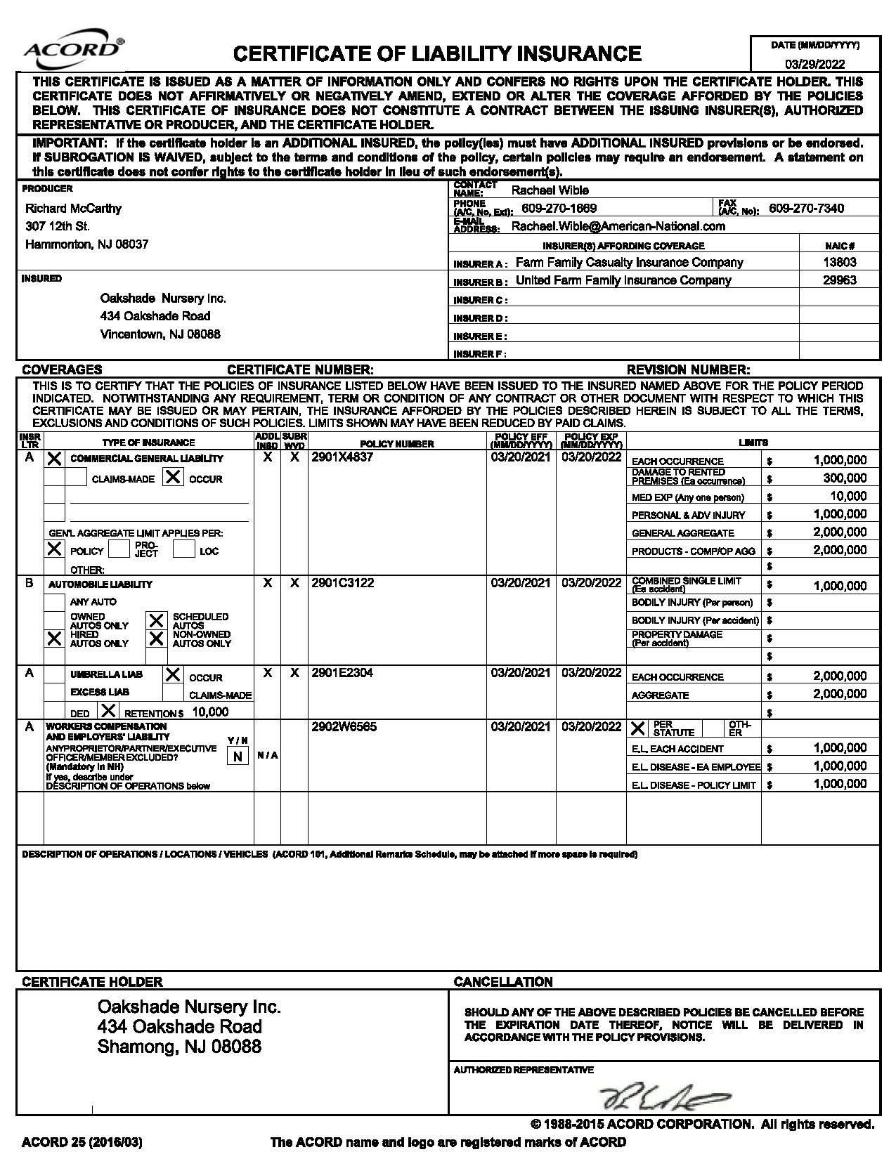 Insurance | Oakshade Nursery & Landscaping Services | South Jersey | NJ